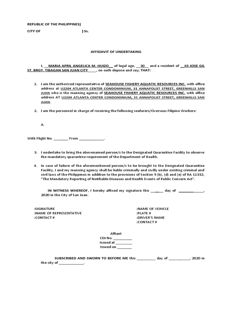 Affidavit of Undertaking | Download Free PDF | Affidavit | Government ...