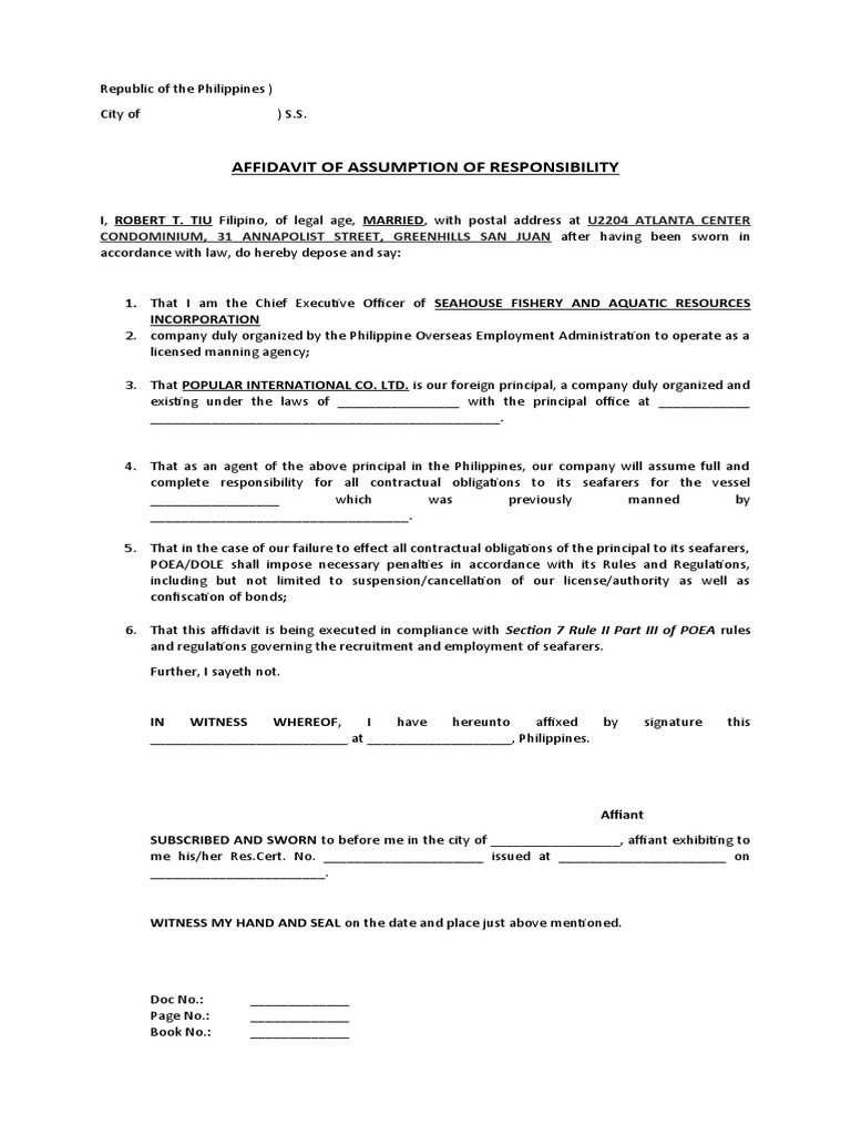 Affidavit of Assumption of Responsibility | PDF | Business | Law