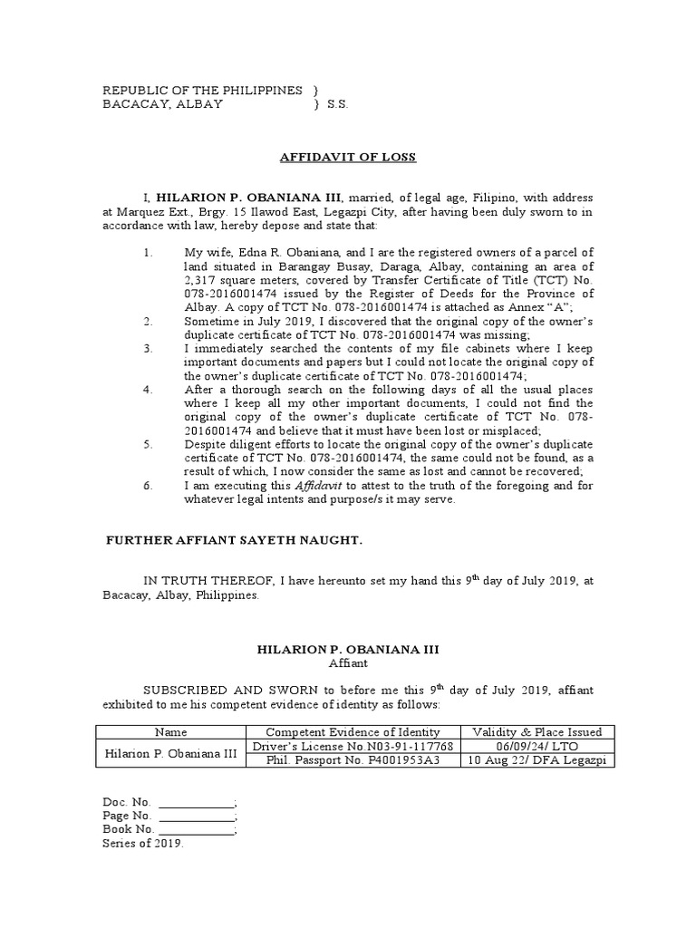 Affidavit of Loss-Title | PDF | Affidavit | Government And Personhood