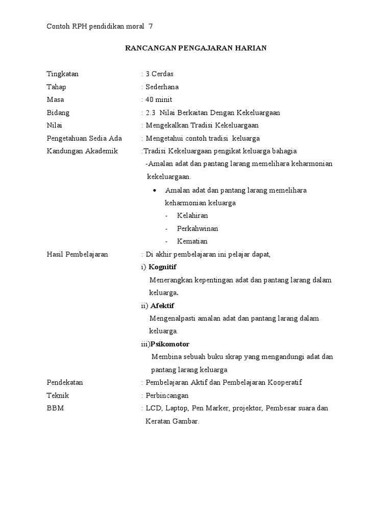 Contoh RPH Pendidikan Moral 7 | PDF | Karier & Perkembangan | Seni