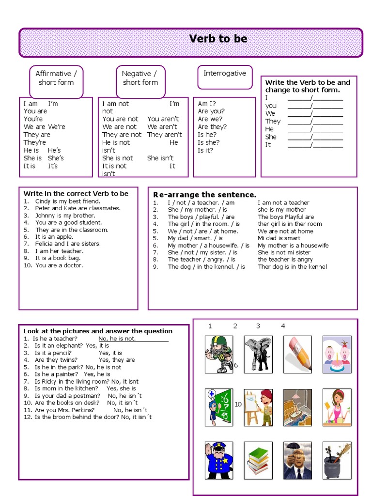 Verb To Be: Affirmative / Short Form Negative / Short Form ...
