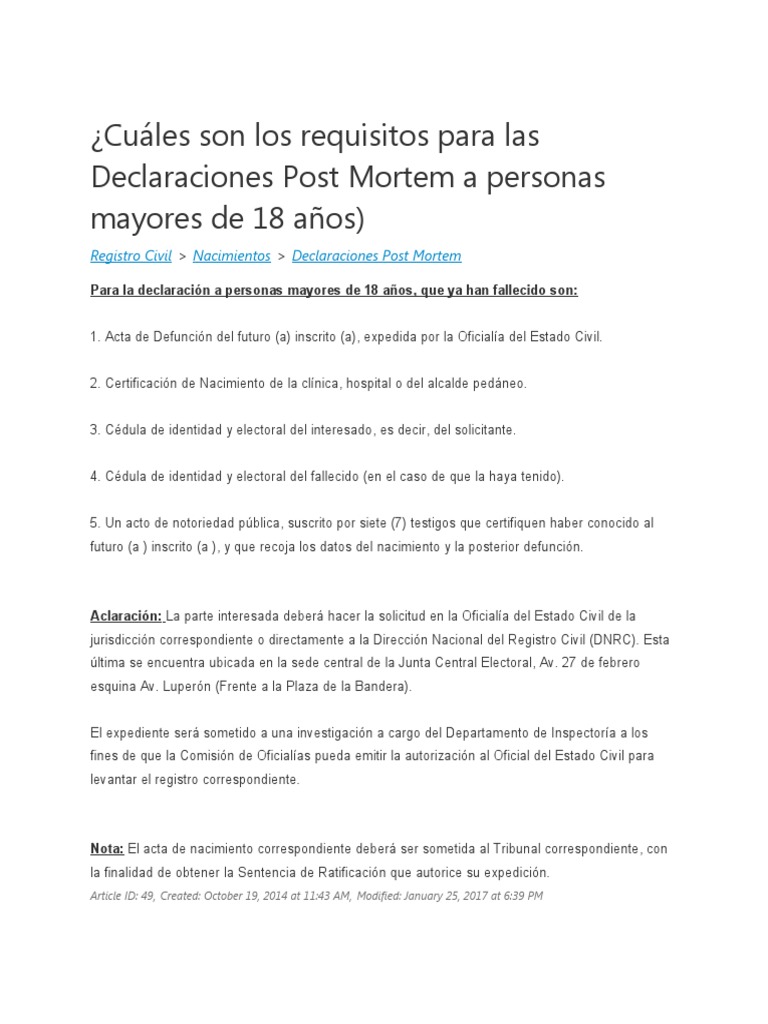 Requisitos para Las Declaraciones Post Mortem A Personas Mayores de 18 ...