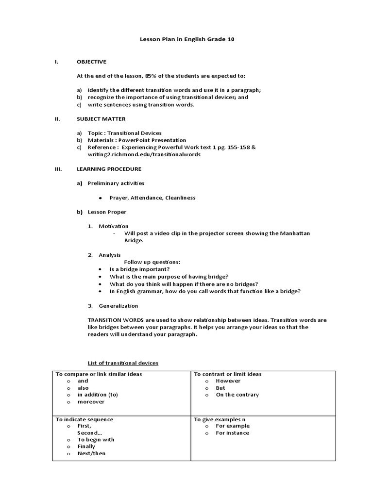 Lesson Plan in English Grade 10: I. Objective | PDF | Lesson Plan ...
