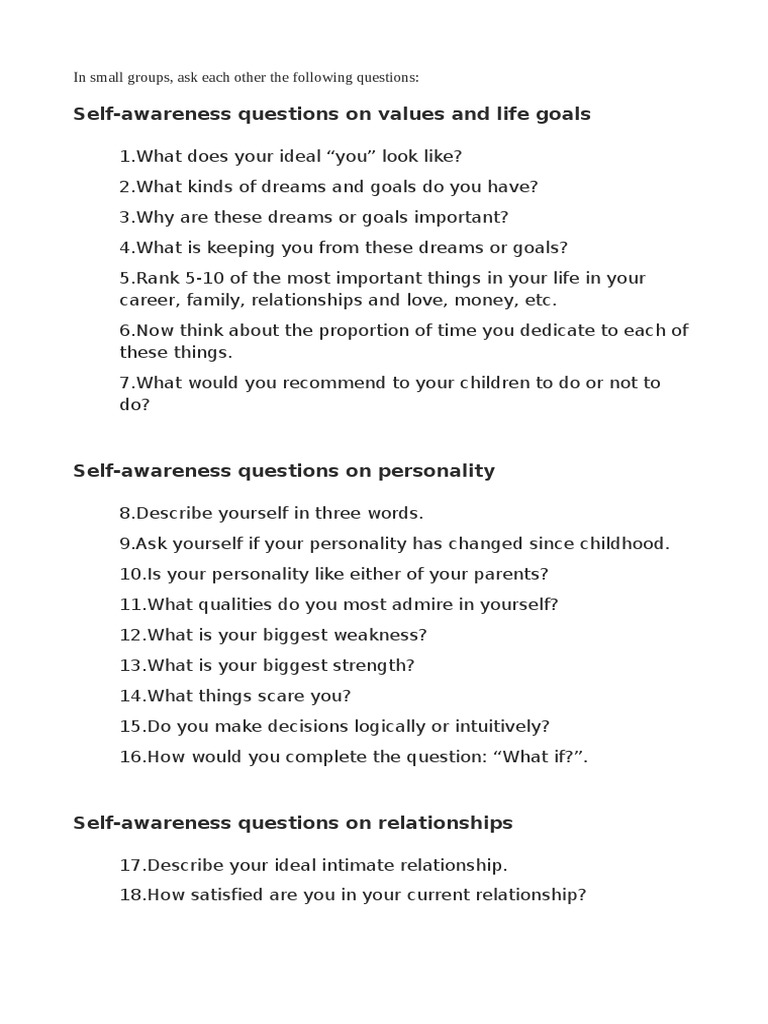 Self-Awareness Questions On Values and Life Goals: in Small Groups, Ask ...