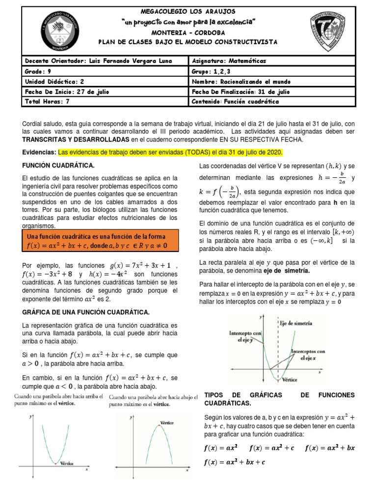 Guía de Funciones Cuadráticas | PDF | Ecuación cuadrática | Fórmula