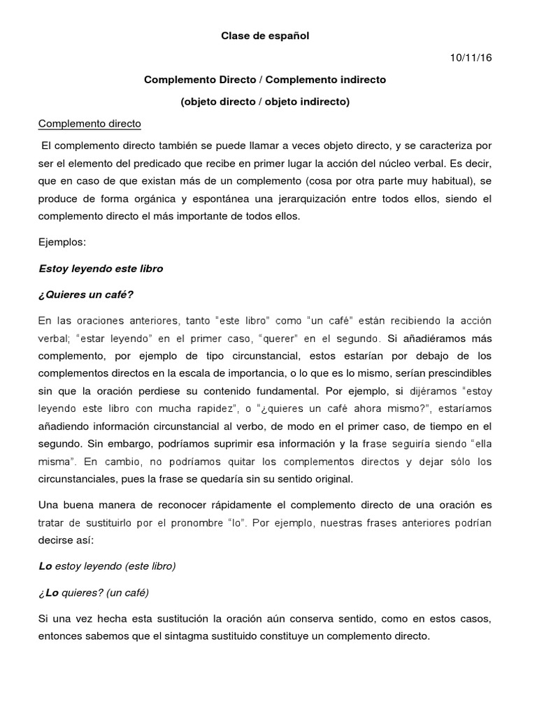 Complementos directos e indirectos: Definición y ejemplos | PDF ...