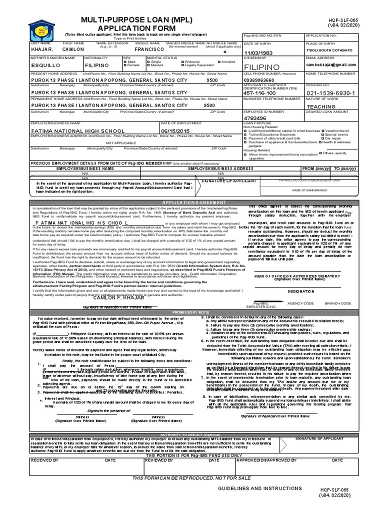 SLF065 MultiPurposeLoanApplicationForm V04 Fillable Final | PDF | Loans | Amortization (Business)