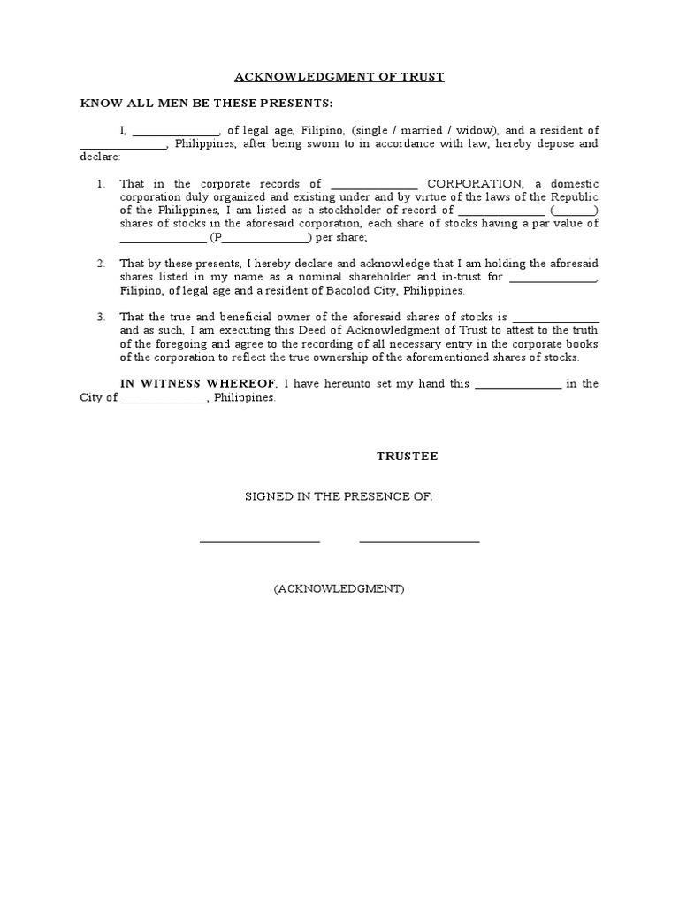 Acknowledgment of Trust | PDF