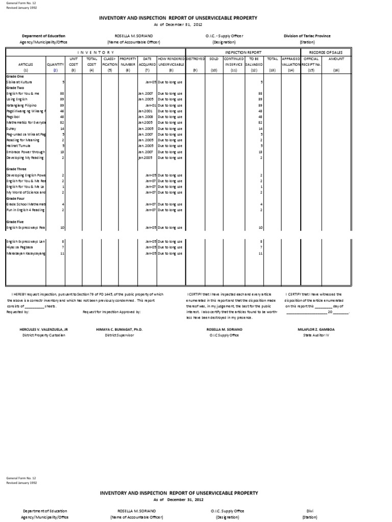 Copy of Inventory and Inspection Report of Unserviceable Property ...