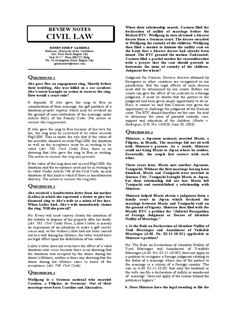 Civil Law: Review Notes | PDF | Annulment | Will And Testament