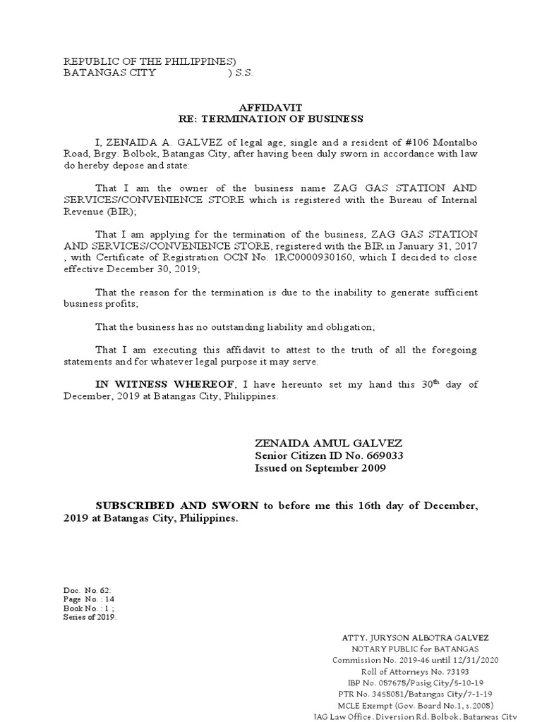 Sample Affidavit of Closure | PDF