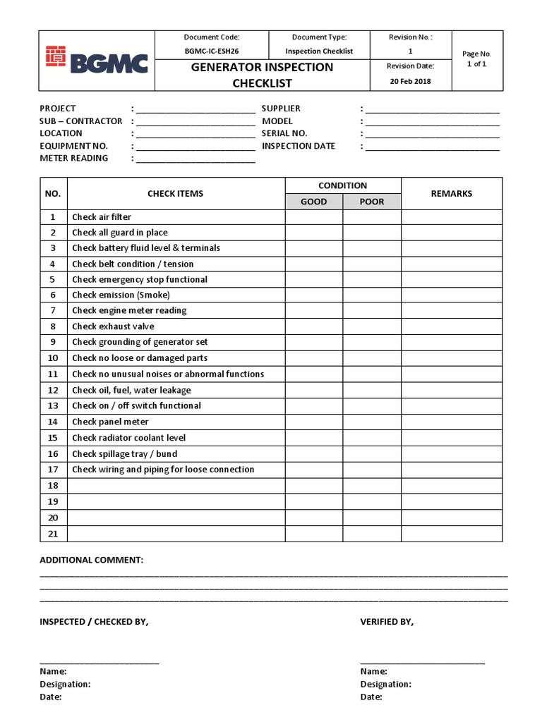 ESH26 - Generator Inspection Checklist | PDF | Vehicle Technology ...