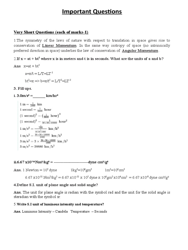 Important Questions Physics CLASS 11 | PDF | Velocity | Acceleration