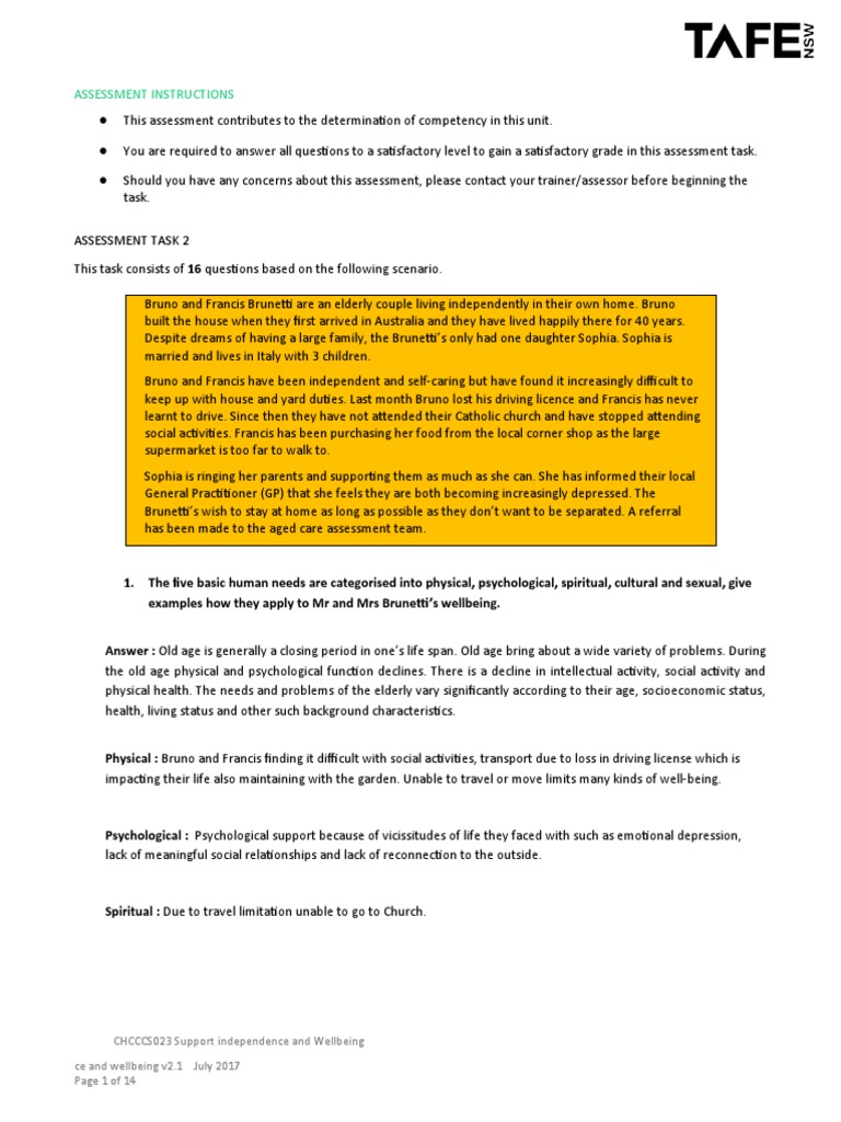 CHCCCS023 - Support Indepence and Wellbeing - Assessment 2 v2.1 | PDF ...