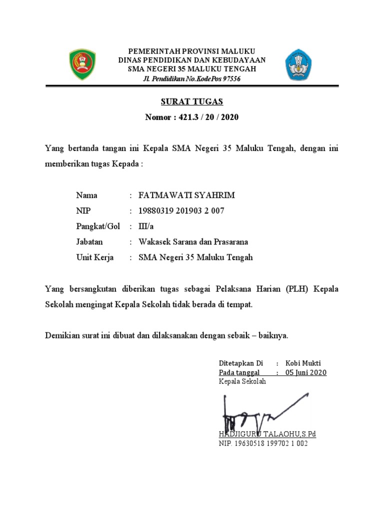 Contoh Surat Tugas PLH Kepala Sekolah | PDF