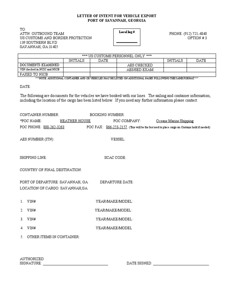 Vehicle Export Documentation: Letter of Intent Provides Key Details for ...