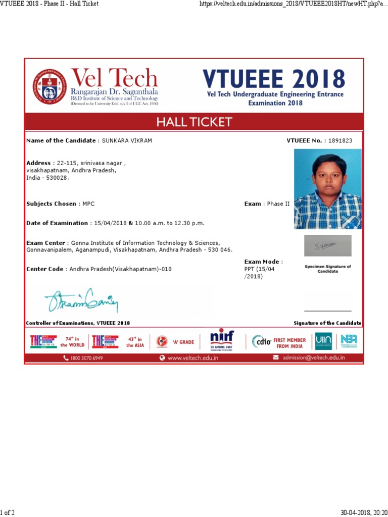 Controller of Examinations, VTUEEE 2018 Signature of The Candidate | PDF
