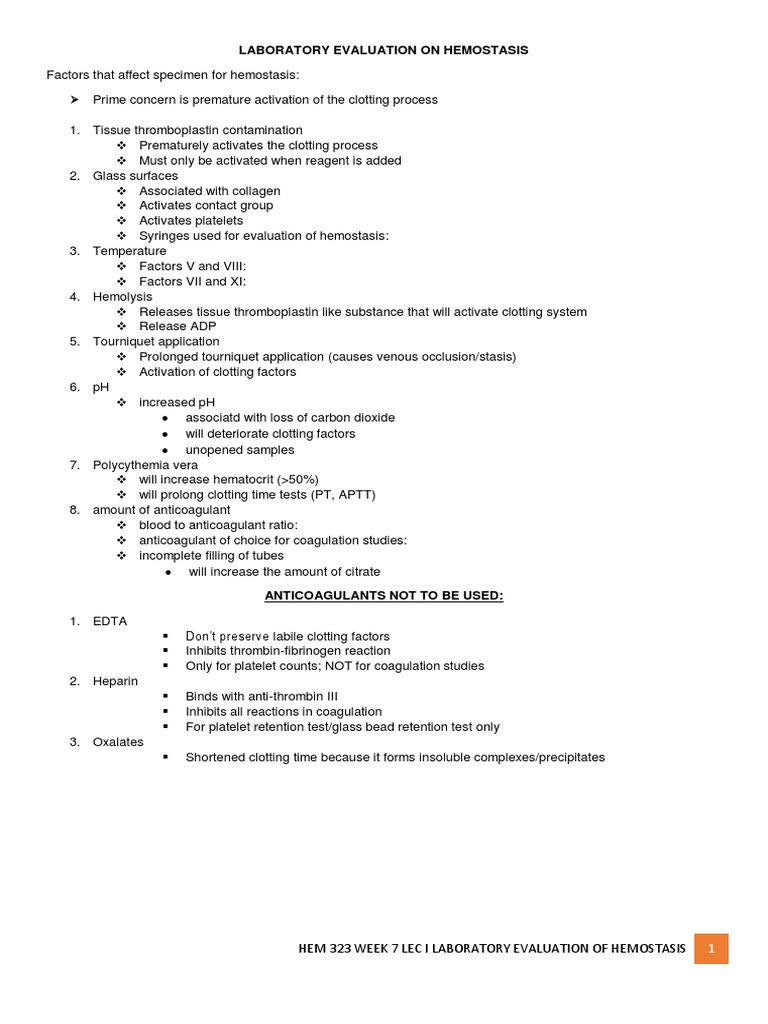 Hem 323 Week 7 Lec I Laboratory Evaluation of Hemostasis | PDF ...