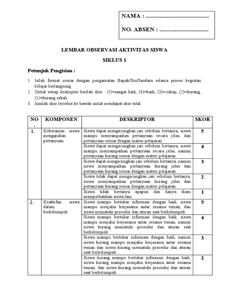 Lembar Observasi Aktivitas Siswa | PDF