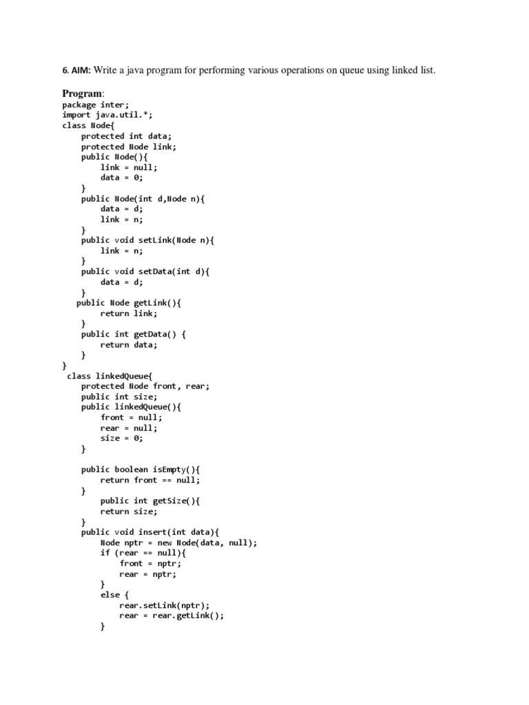 Write A Java Program For Performing Various Operations On Queue Using Linked List | PDF | Queue ...