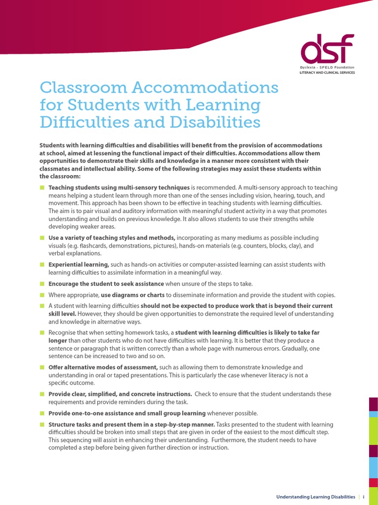Classroom Accommodations For Students With Learning Difficulties and ...