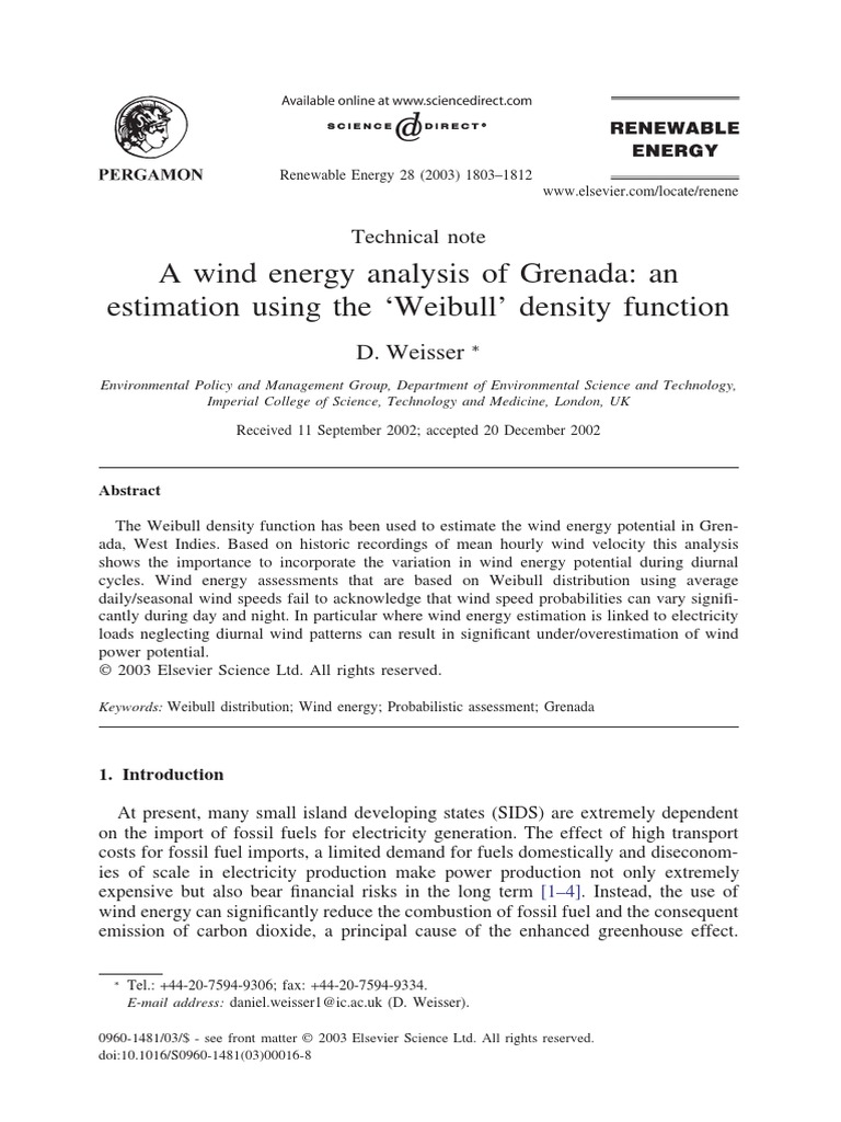 A Wind Energy Analysis of Grenada An Estimation Using The Weibull ...