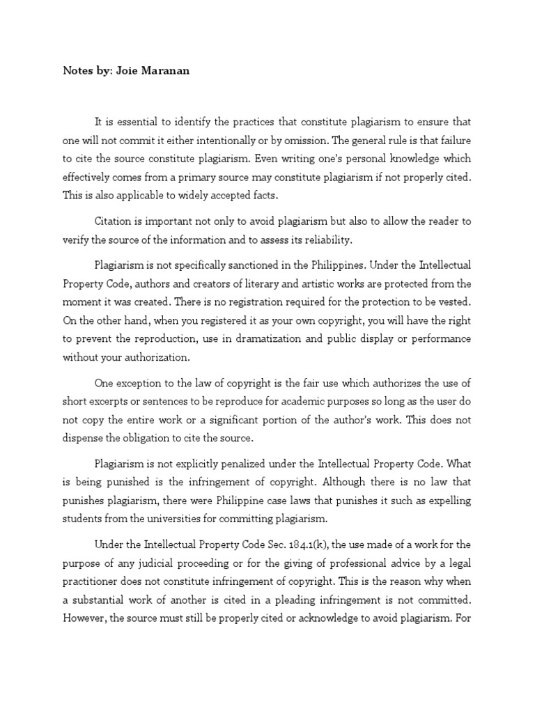 Notes On Plagiarism | PDF | Plagiarism | Copyright
