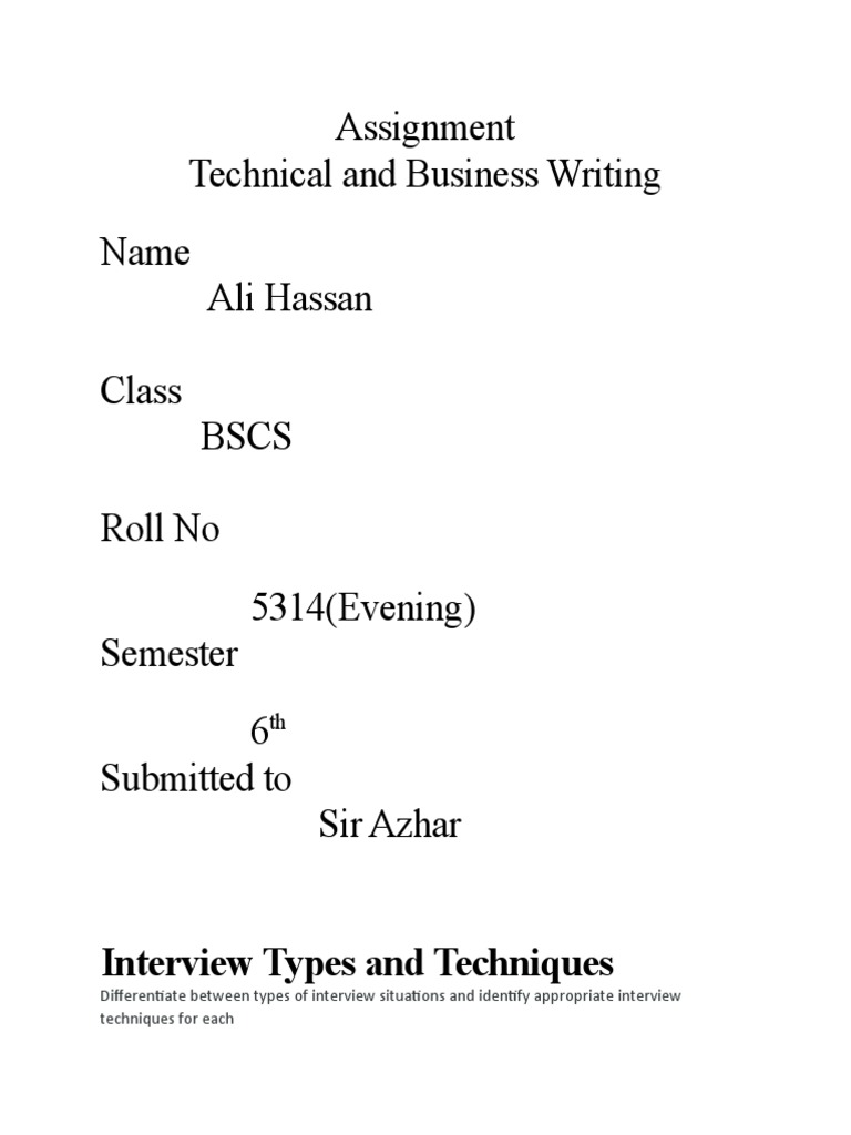 Assignment Technical and Business Writing Name Ali Hassan Class Bscs Roll No 5314 (Evening ...