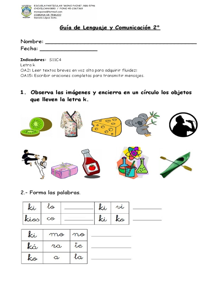 Actividades de Lenguaje 2°: Letra K | PDF