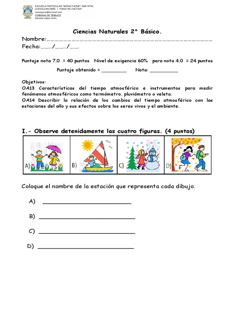 2° Año - Cs. Naturales - Prueba - El Tiempo Atmoferico - 2° Semestre ...