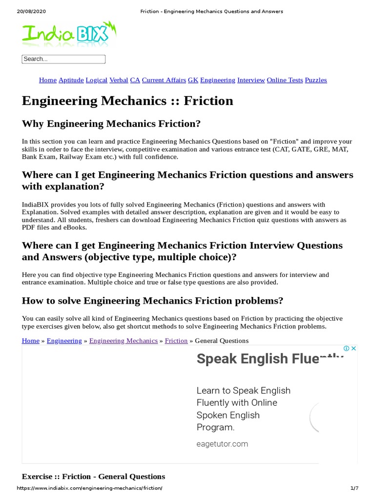 Friction - Engineering Mechanics Questions and Answers | PDF | Test ...