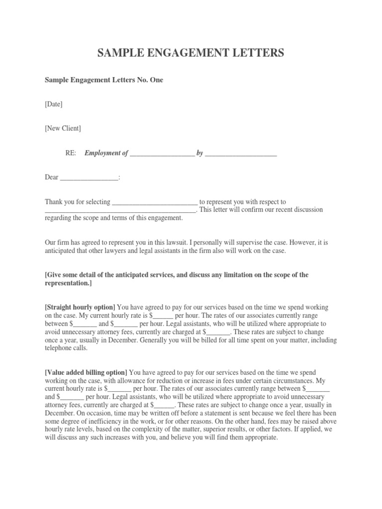 Sample Engagement Letters No. One | PDF | Attorney's Fee | Fee