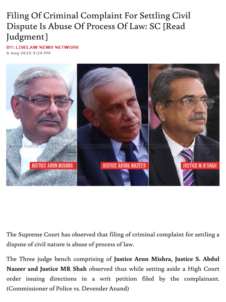 Filing of Criminal Complaint For Settling Civil Dispute Is Abuse of ...