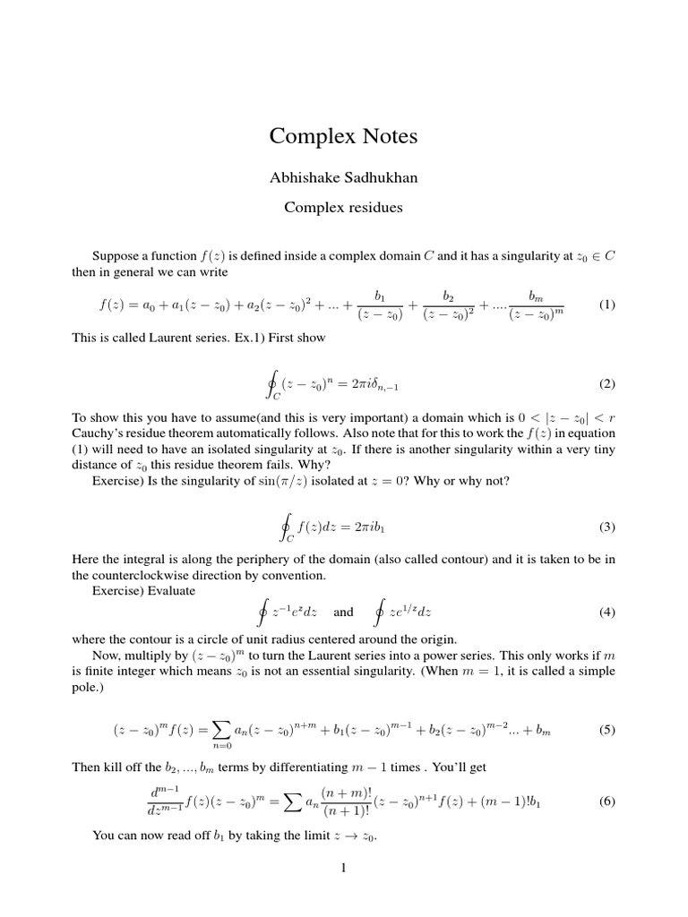 Complex Notes: Abhishake Sadhukhan Complex Residues | PDF | Functions ...