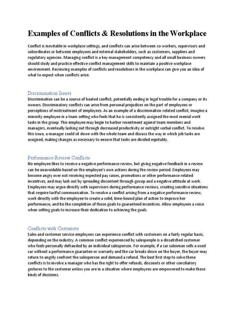 Examples of Conflicts & Resolutions in The Workplace: Discrimination ...
