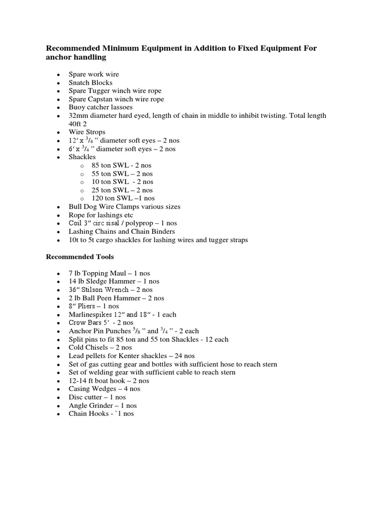 Essential Anchor Handling Equipment List | PDF