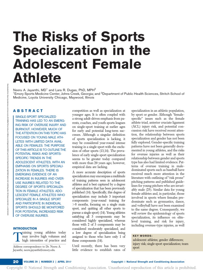 The Risks of Sports Specialization in The Adolescent Female Athlete ...