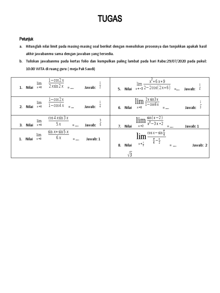 Tugas Matematika Peminatan (Limit Fungsi Trigonometri) | PDF