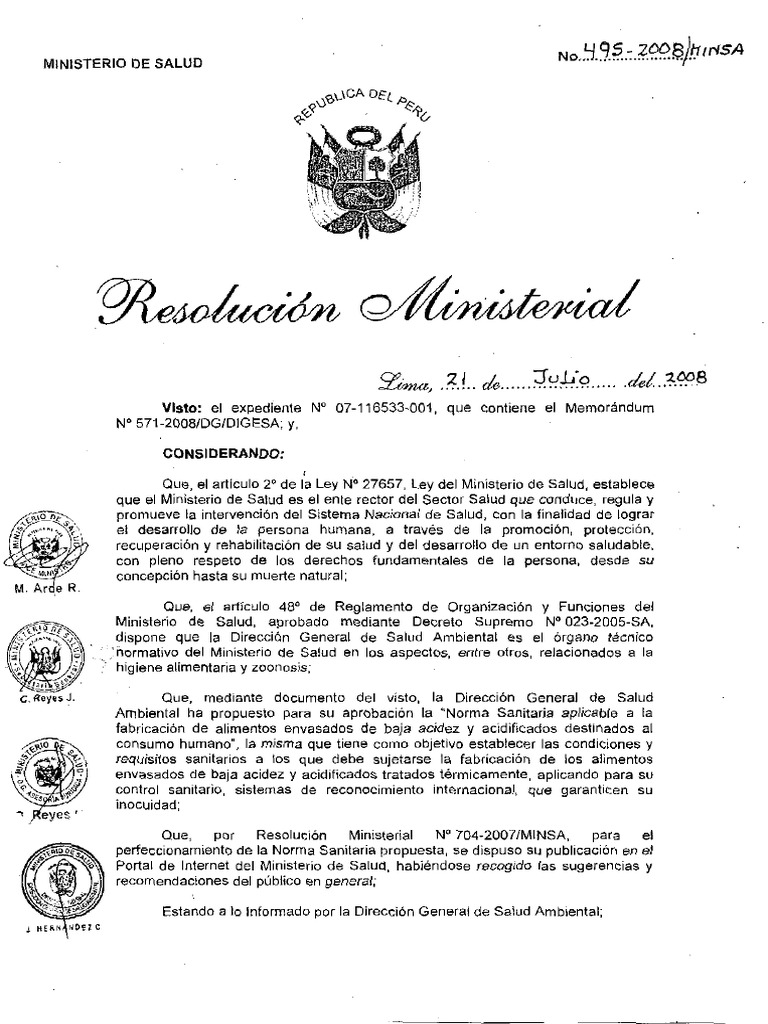 24 Jul RM #495-2008-MINSA | PDF | Análisis de Riesgo y Puntos Críticos de Control | Alimentos