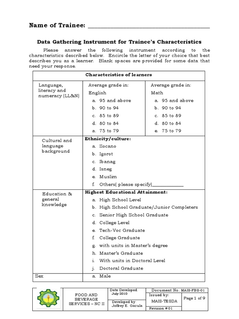 Name of Trainee: - : Data Gathering Instrument For Trainee's ...