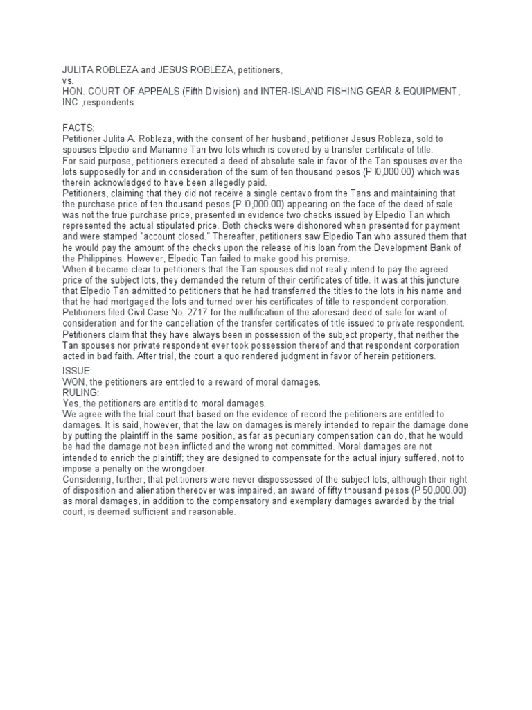 JULITA ROBLEZA and JESUS ROBLEZA V CA | PDF | Damages | Private Law