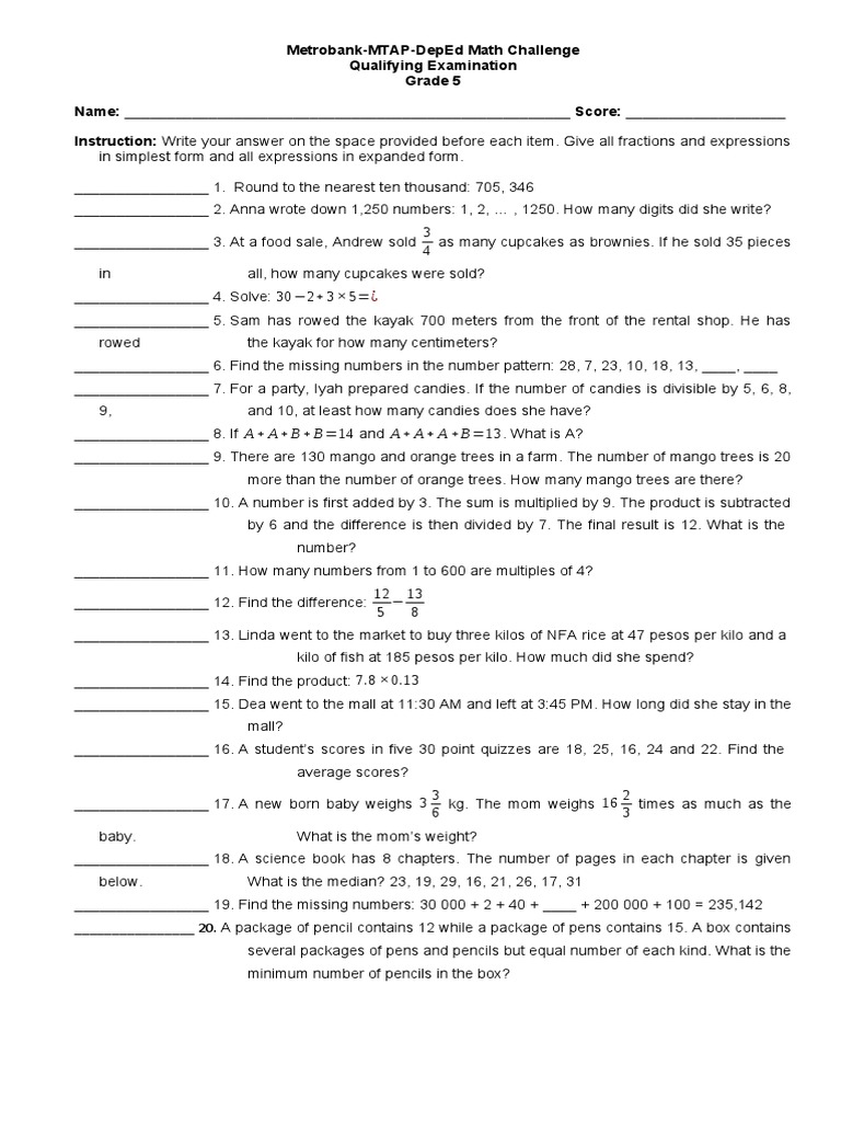 Math Challenge Examination for Grade 5 Students | PDF | Numbers ...