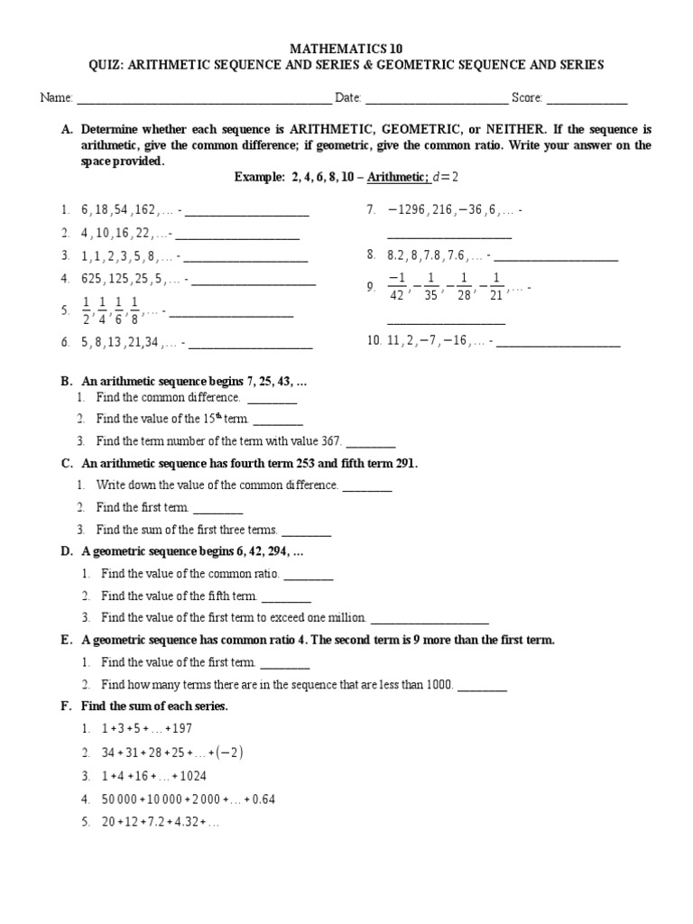 Quiz on Sequences and Series Concepts | PDF | Numbers | Arithmetic
