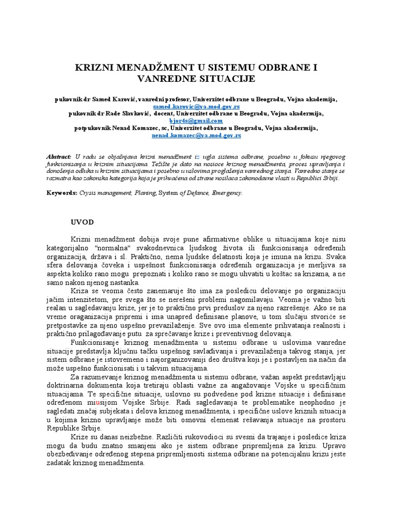 Krizni Menadzment U Sistemu Odbrane I Va | PDF