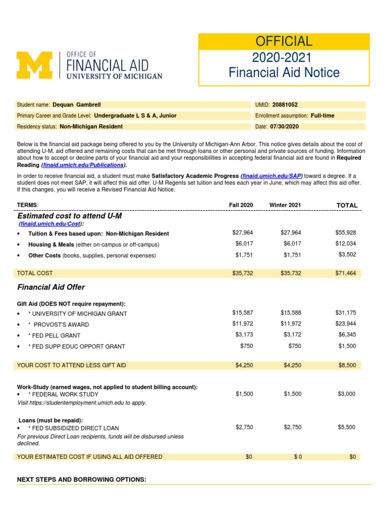 Official 2020-2021 Financial Aid Notice: Estimated Cost To Attend U-M ...