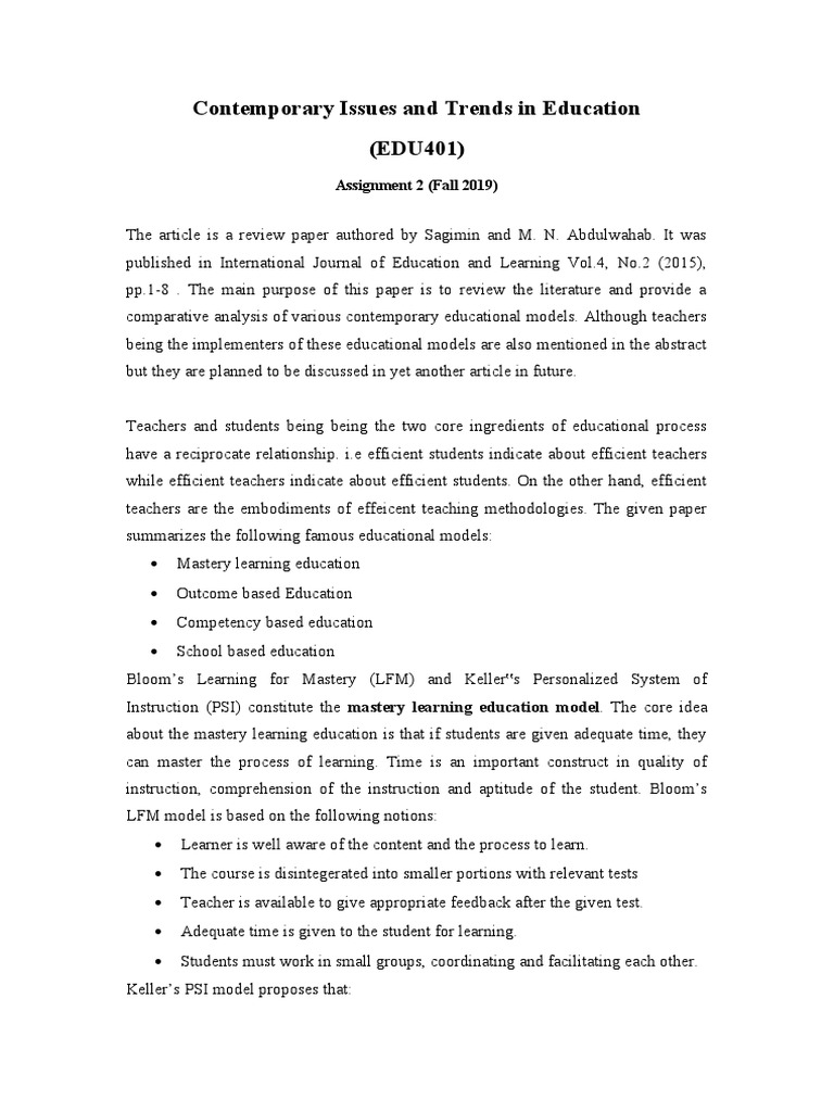 Contemporary Issues and Trends in Education (EDU401) : Assignment 2 ...