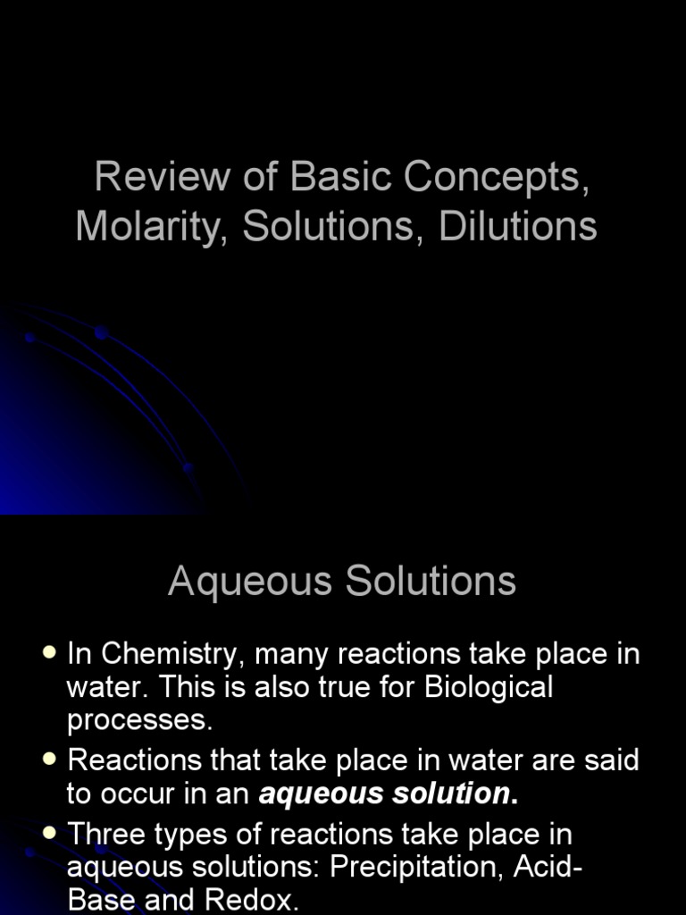 Basic Concepts, Molarity, Solutions and Dilutions | PDF | Aqueous ...