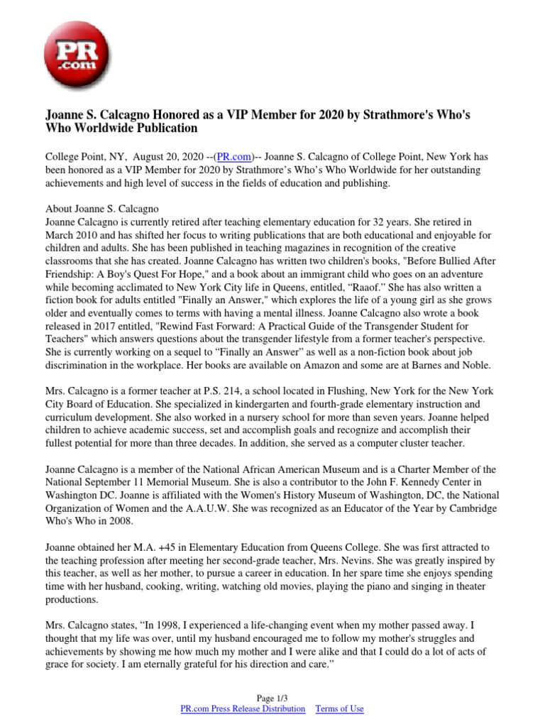Joanne S. Calcagno Honored As A VIP Member For 2020 by Strathmore's Who ...