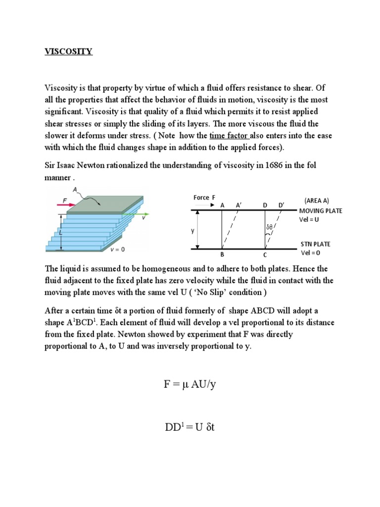 Viscosity: F = μ AU/y | PDF | Viscosity | Shear Stress