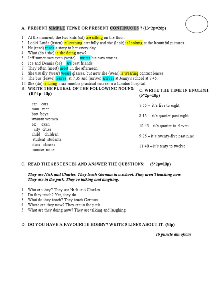 A. Present Simple Tense or Present Continuous ? (13 2P 26P) | PDF | Syntactic Relationships ...